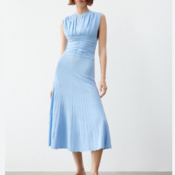 Zara | Dresses | Zara Women Baby Blue Draped Knitwear Midi Dress Size S ...